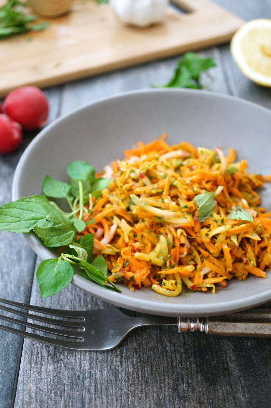 Carrot and Radish Slaw with Mint-Turmeric Pesto - Autoimmune Wellness
