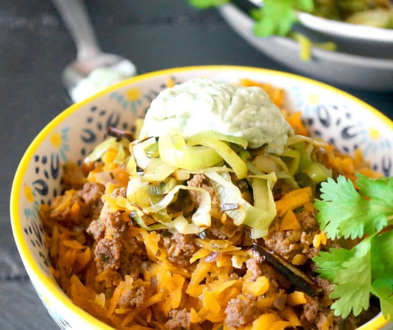 AIP Taco Bowl | Taco Beef and Butternut Rice with Cilantro "Sour Cream"