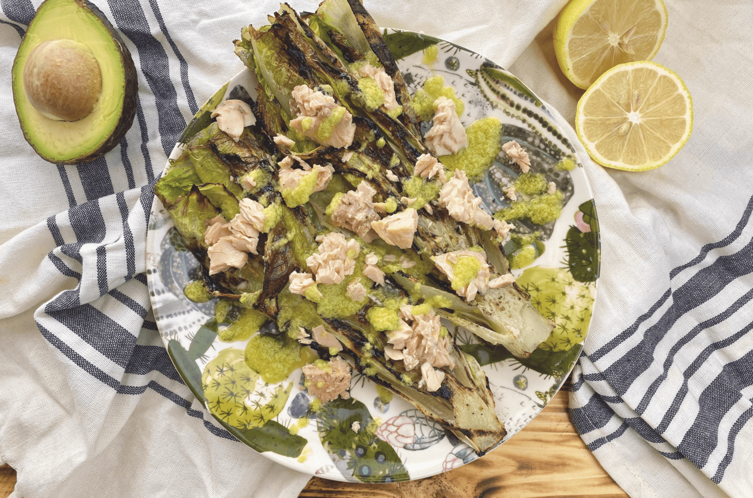 AIP Grilled Romaine Salad with Salmon and Lemon-Avocado Dressing